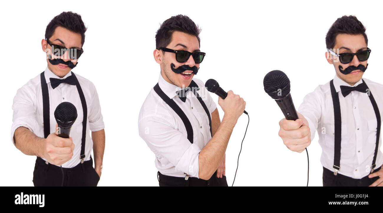 Funny man with mic isolated on white Stock Photo - Alamy