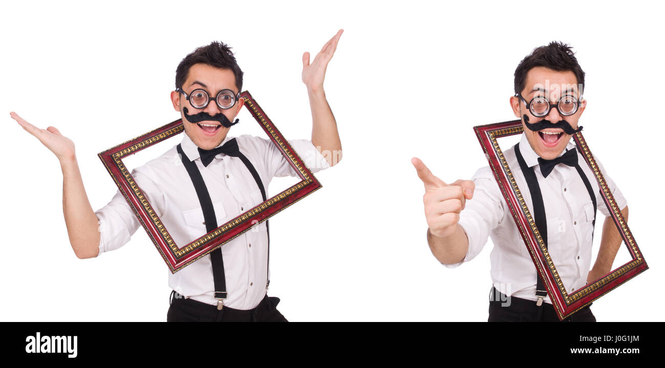 Young man with frame isolated on white Stock Photo - Alamy