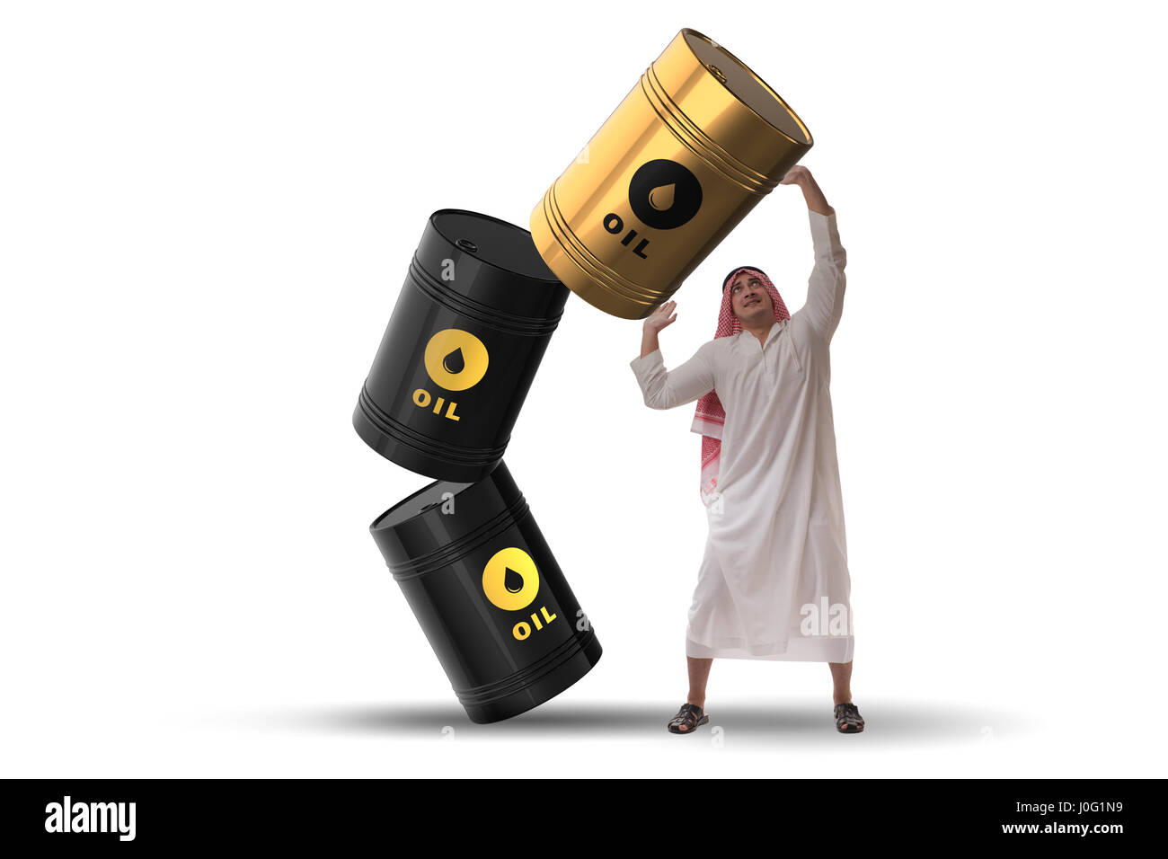 Arab businessman supporting oil barrel Stock Photo - Alamy