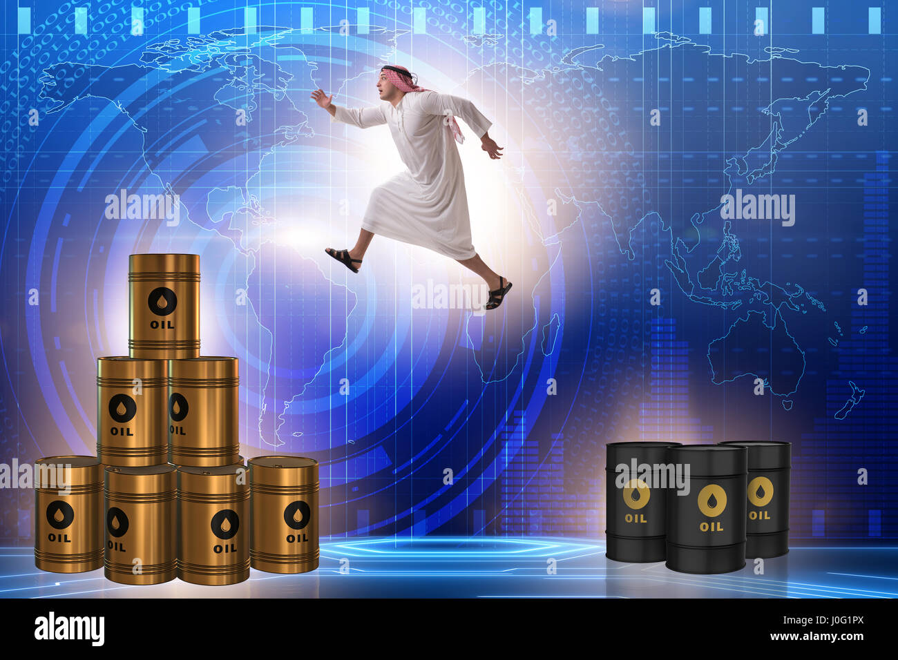 Arab businessman jumping from oil barrels Stock Photo - Alamy