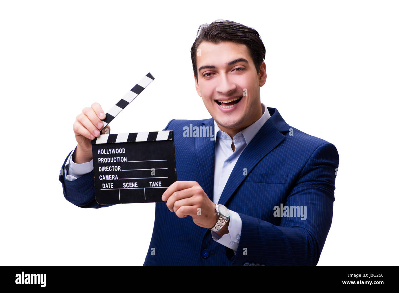 Handsome man with movie clapper isolated on white Stock Photo - Alamy