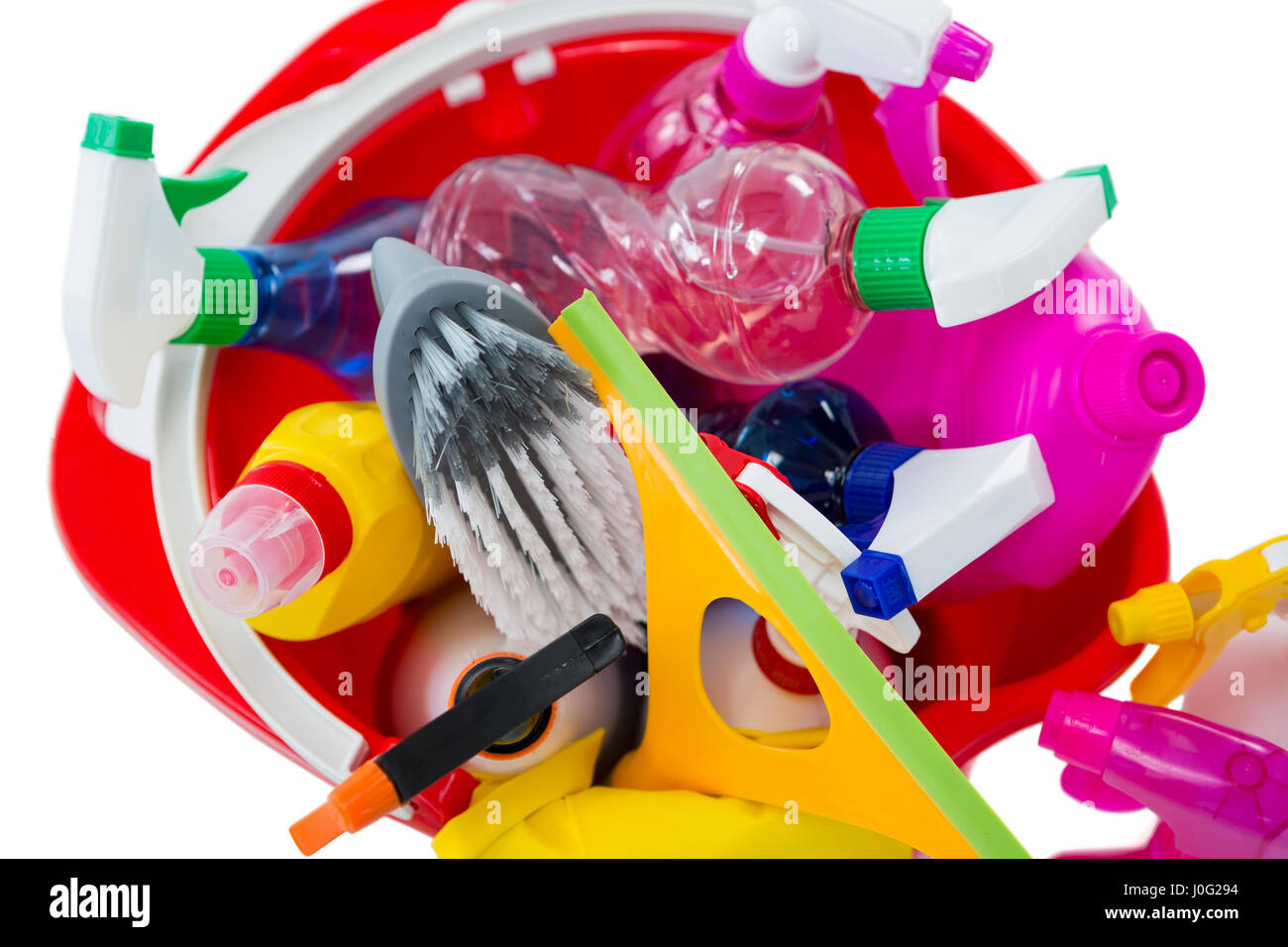 Close-up of cleaning equipment in bucket against white background Stock ...