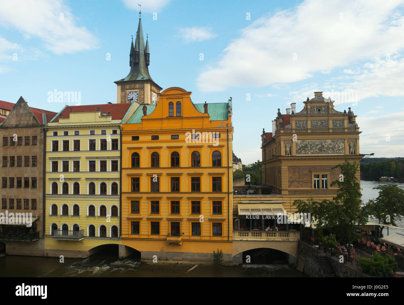 Buildings and Klub Lavka at Novotneho Lavka by river Vltava in Prague ...