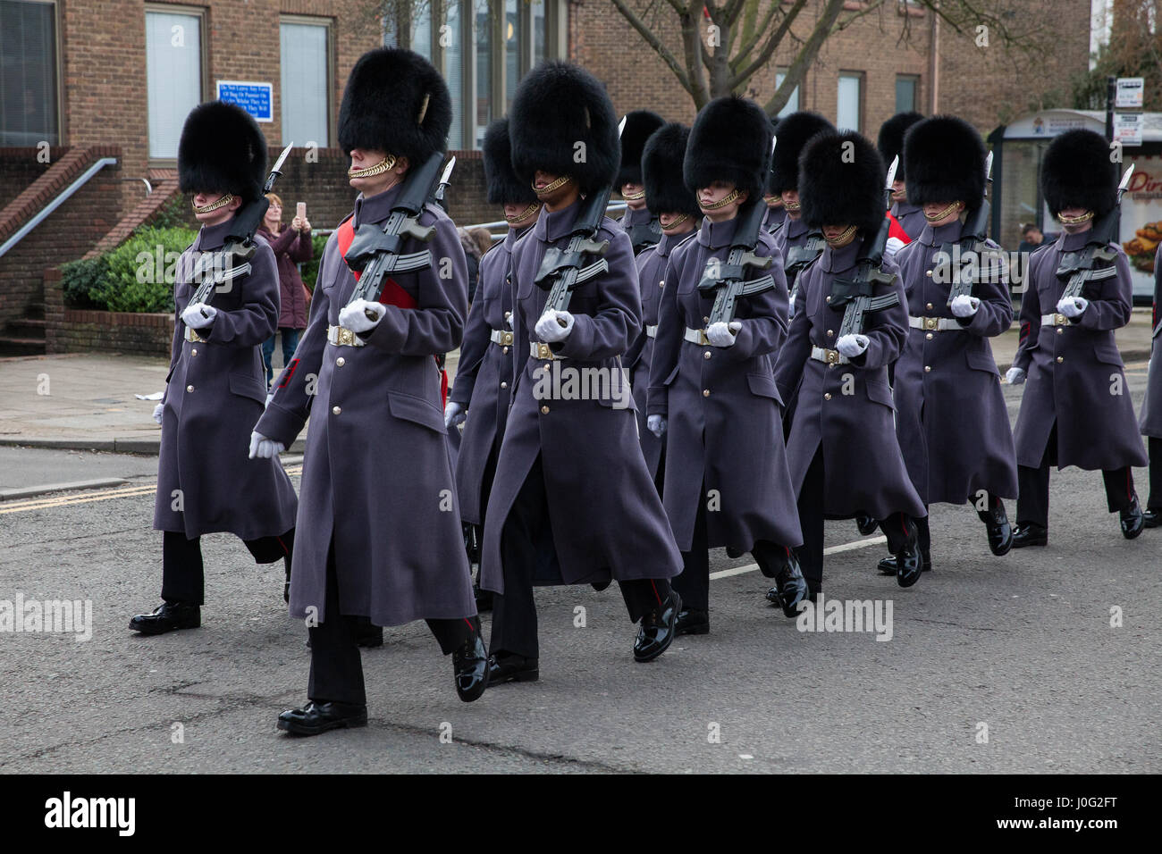 Windsor, UK. 1st March, 2017. The Coldsteam Guards leave Victoria ...