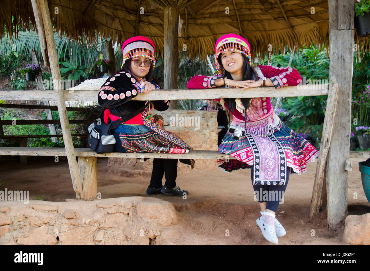 Thai mother and daughter wearing costume traditional of ethnic hmong ...