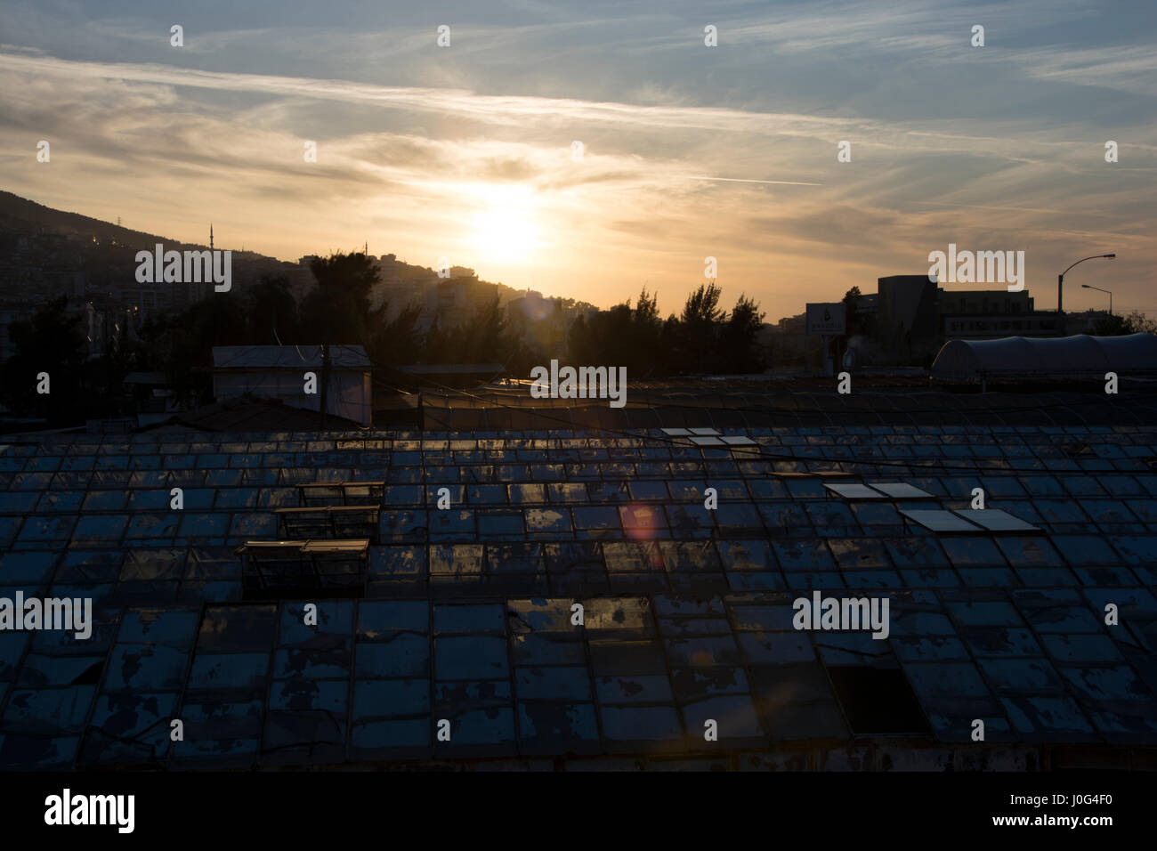 Watch the sunset over the greenhouses. The arrival of spring Stock ...