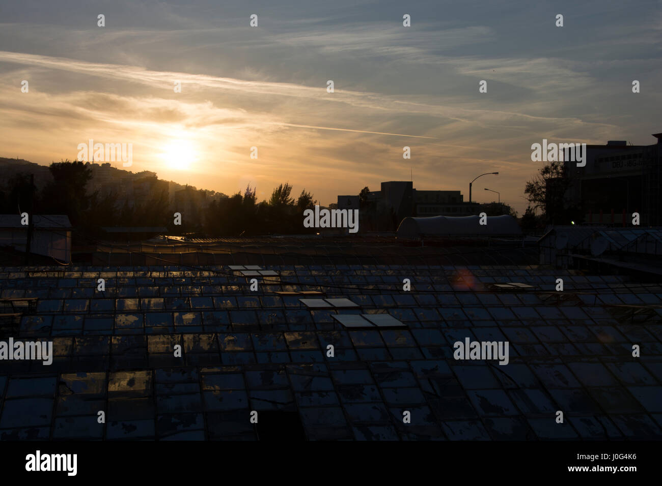 Watch the sunset over the greenhouses. The arrival of spring Stock ...