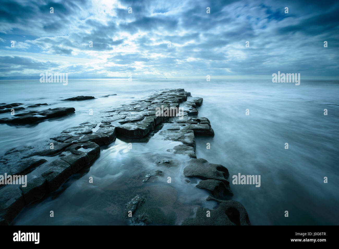 A protruding rock shelf at Nash Point, on the Glamorgan Coast, Wales ...