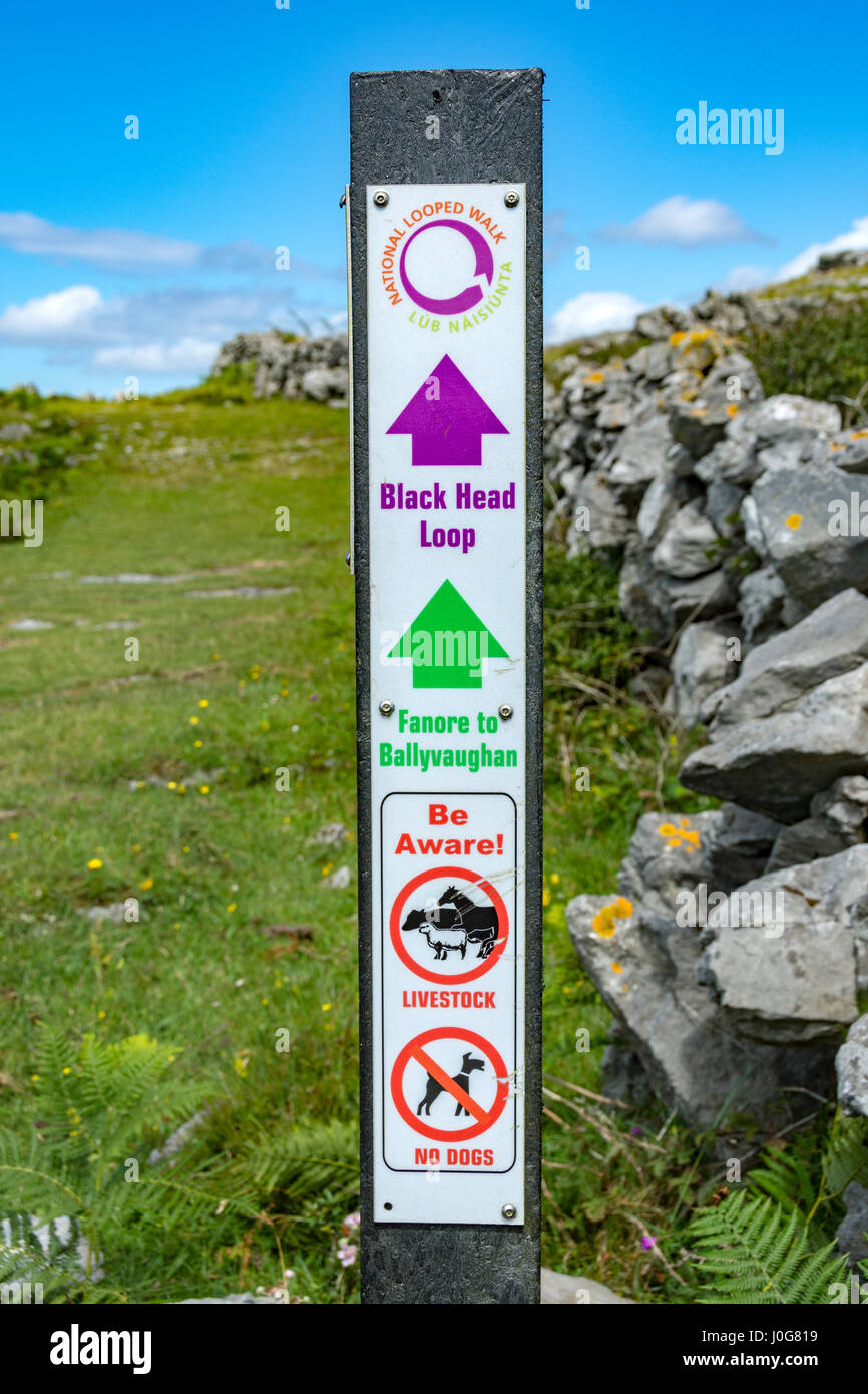 Footpath sign on the old green road around Black Head, near Fanore ...