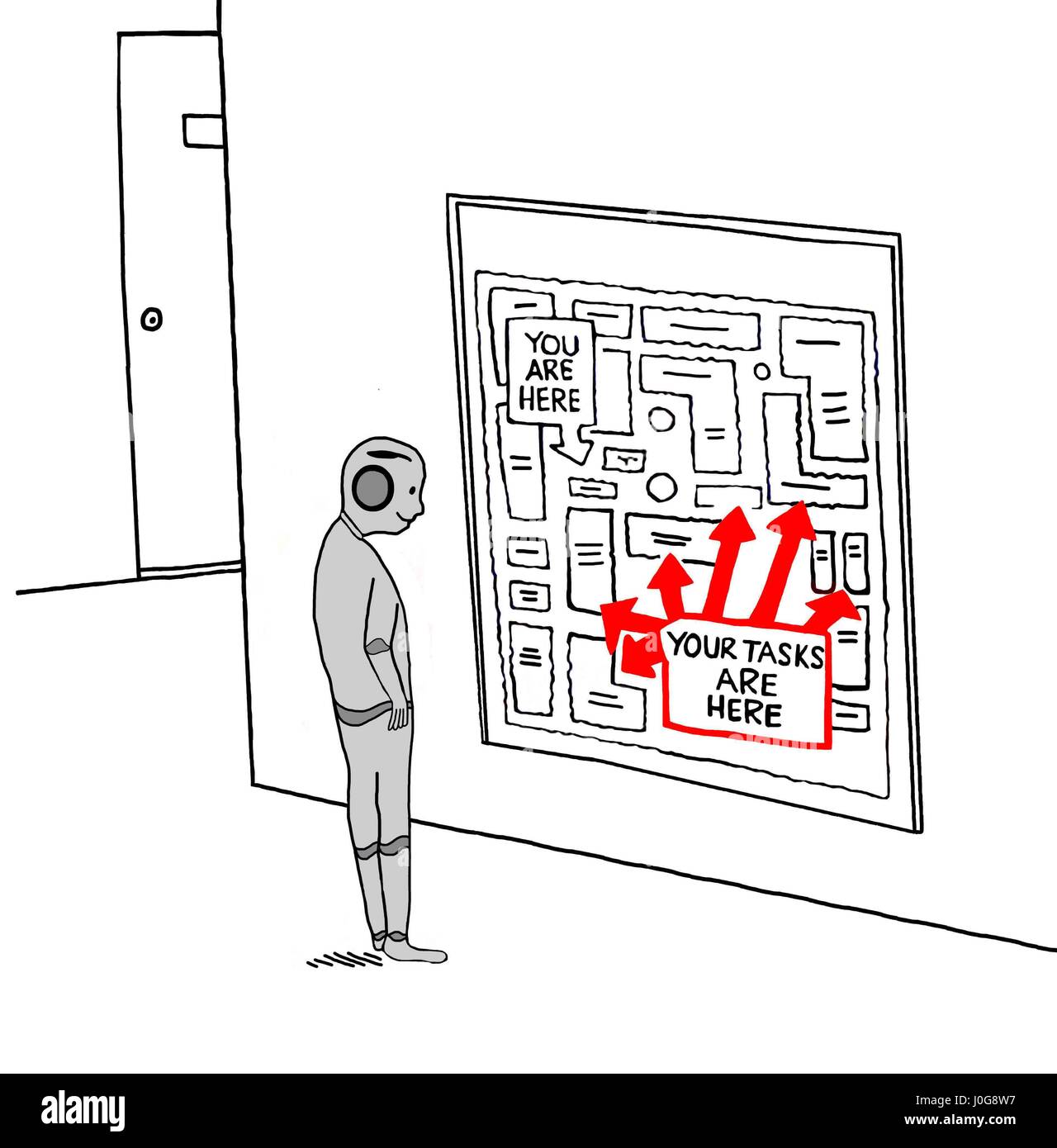 Business cartoon about a robot happy with many tasks to complete Stock ...