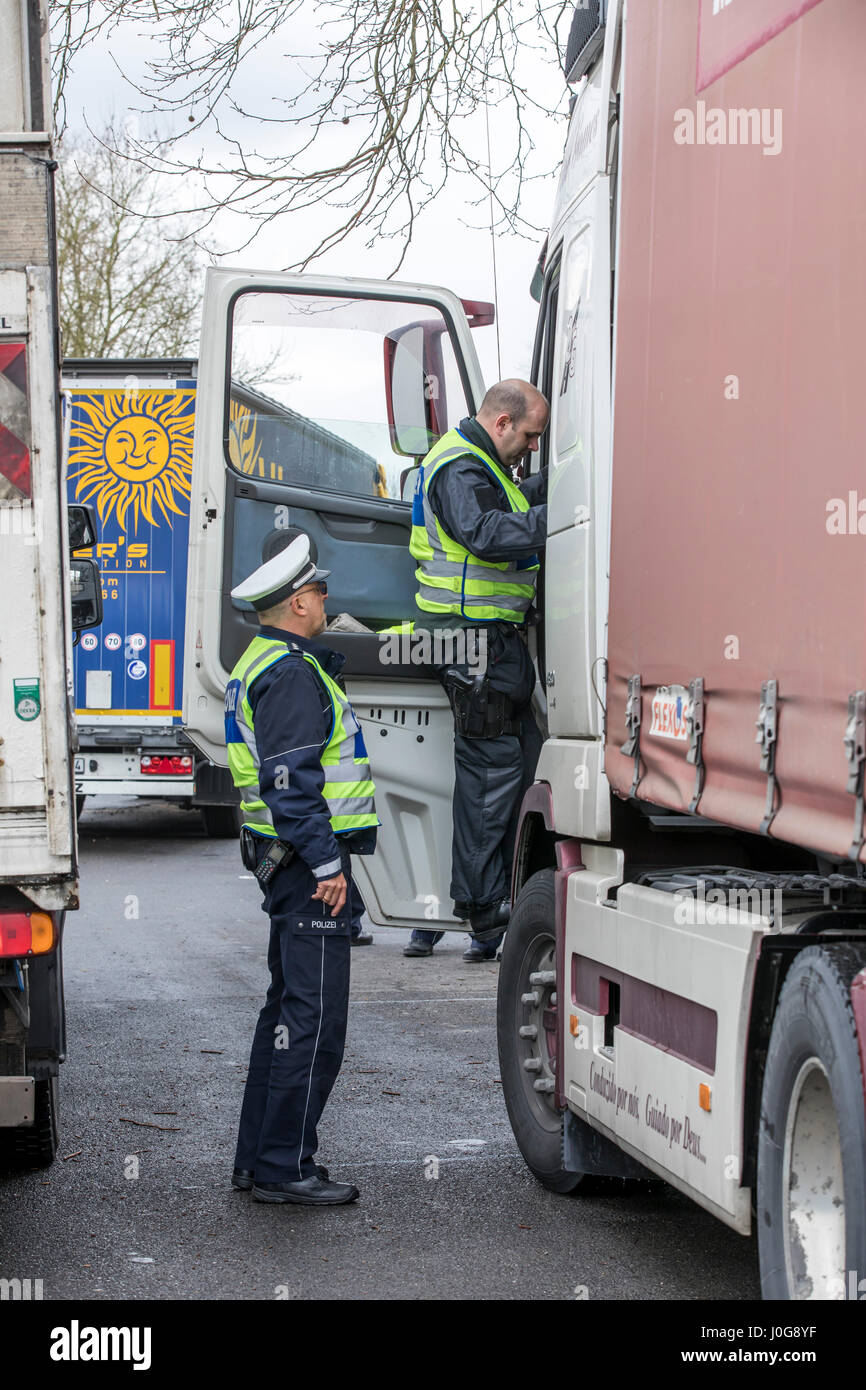 Police control of trucks, on the Autobahn A555 in Cologne, Germany ...