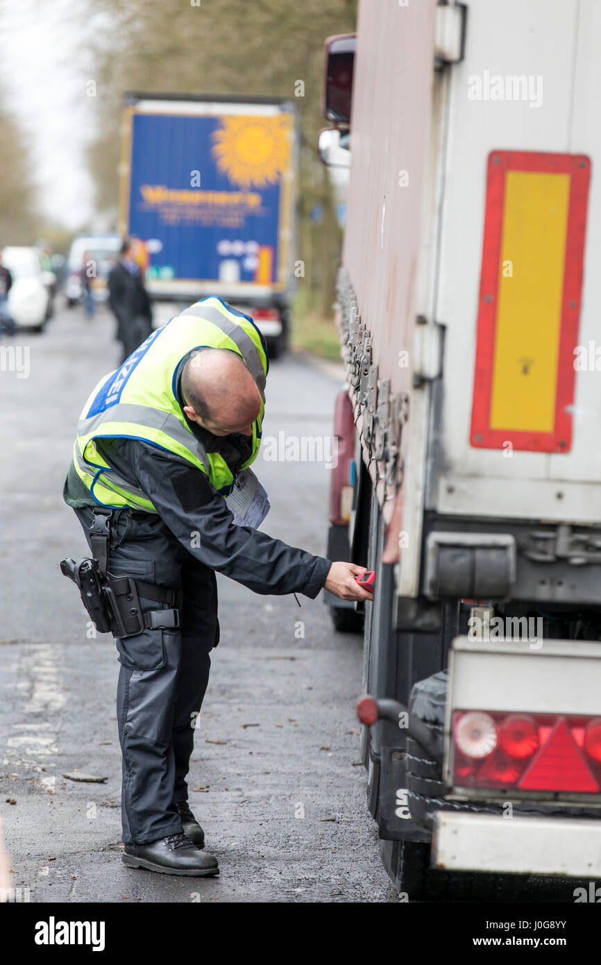 Police control of trucks, on the Autobahn A555 in Cologne, Germany ...