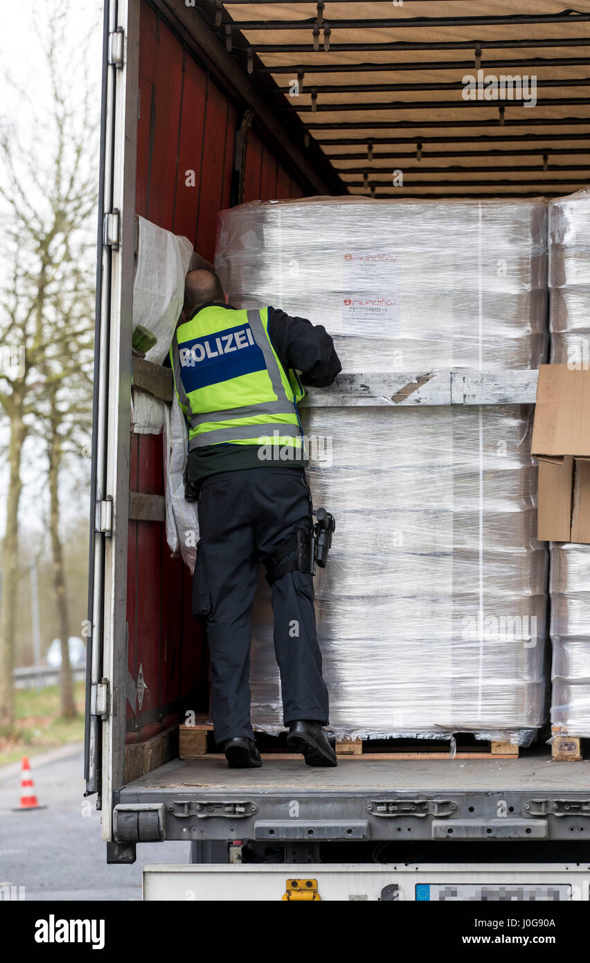 Police control of trucks, on the Autobahn A555 in Cologne, Germany ...