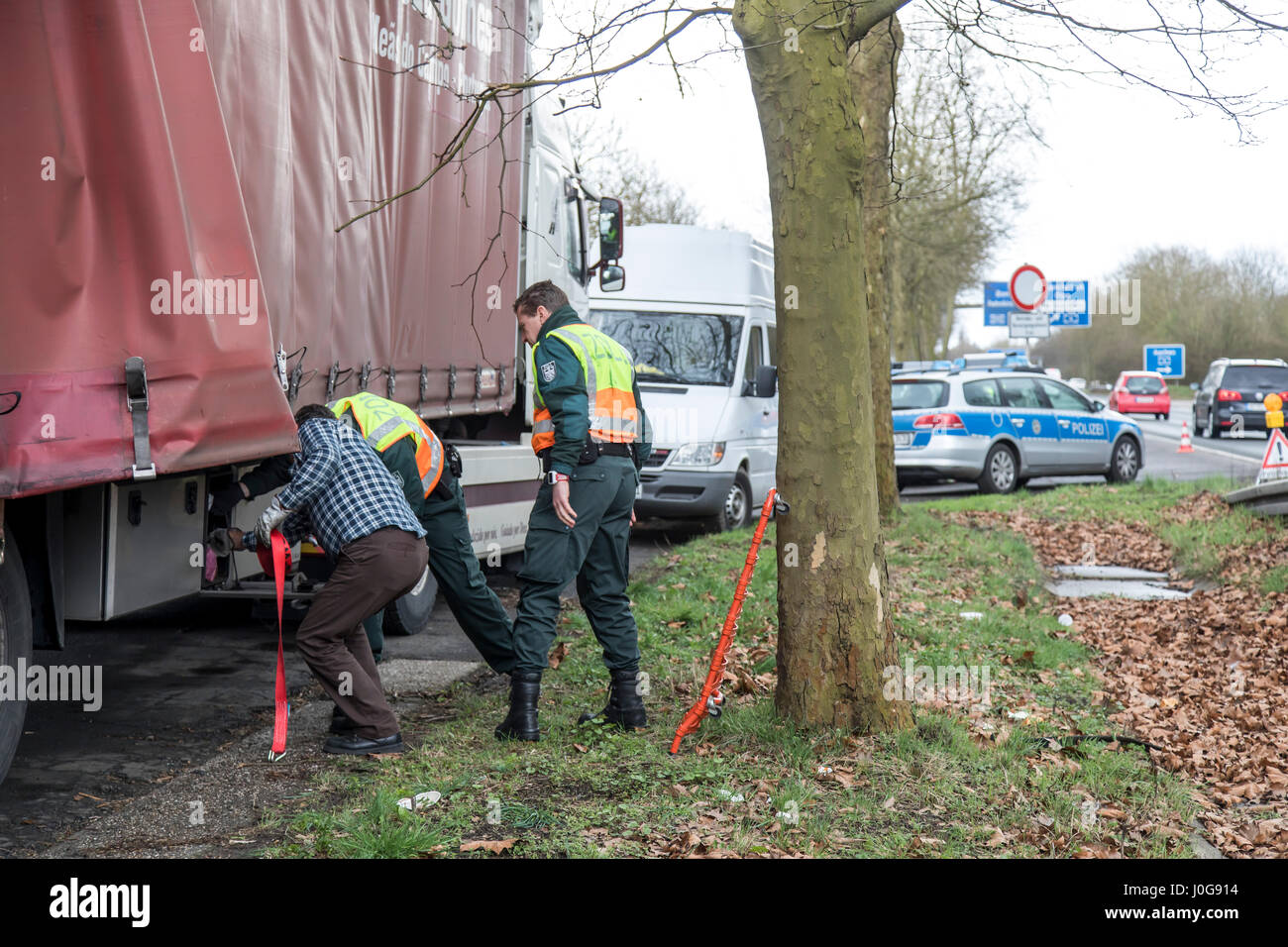 Police control of trucks, on the Autobahn A555 in Cologne, Germany ...