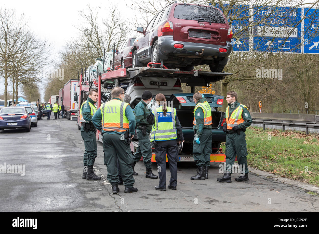 Police control of trucks, on the Autobahn A555 in Cologne, Germany ...