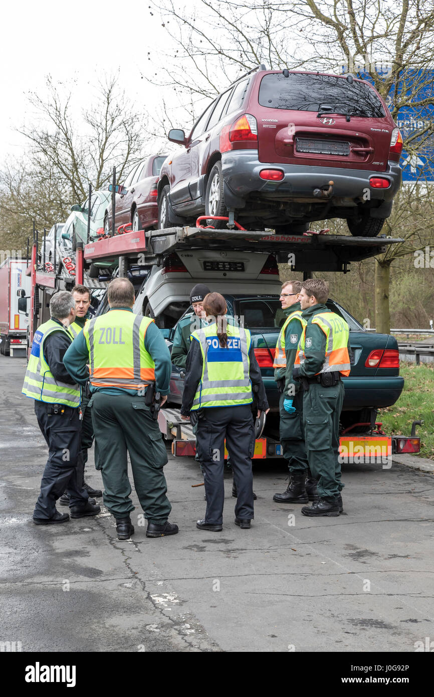 Police control of trucks, on the Autobahn A555 in Cologne, Germany ...