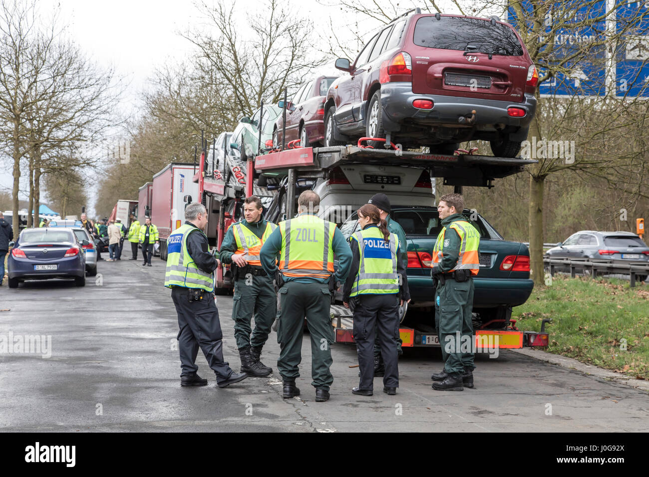 Police control of trucks, on the Autobahn A555 in Cologne, Germany ...