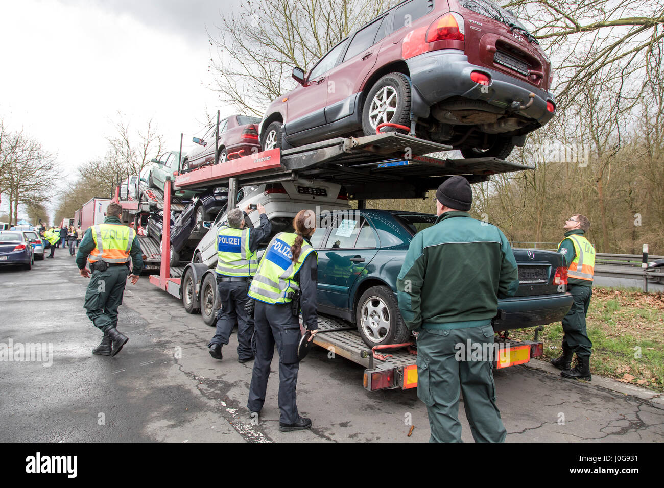 Police control of trucks, on the Autobahn A555 in Cologne, Germany ...