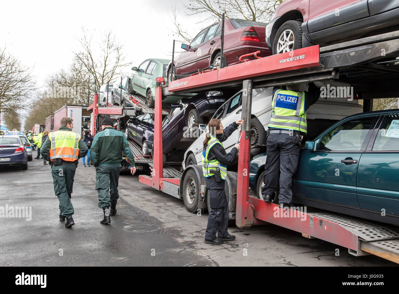 Police control of trucks, on the Autobahn A555 in Cologne, Germany ...