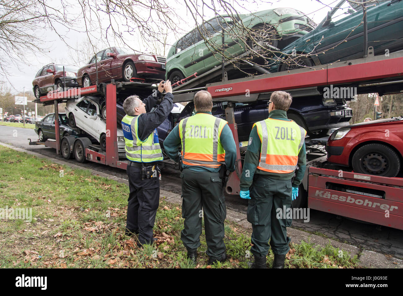 Police control of trucks, on the Autobahn A555 in Cologne, Germany ...