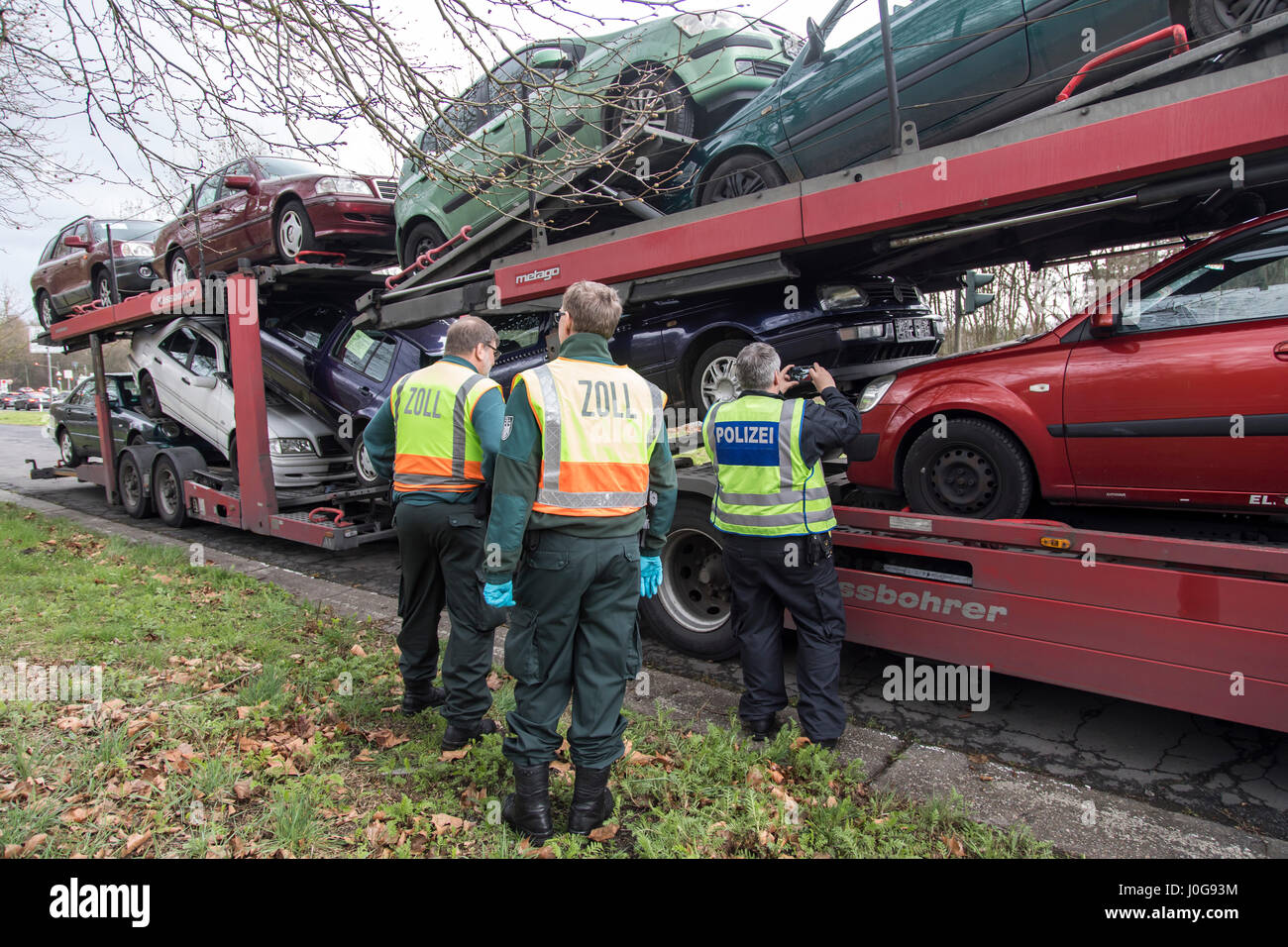 Police control of trucks, on the Autobahn A555 in Cologne, Germany ...
