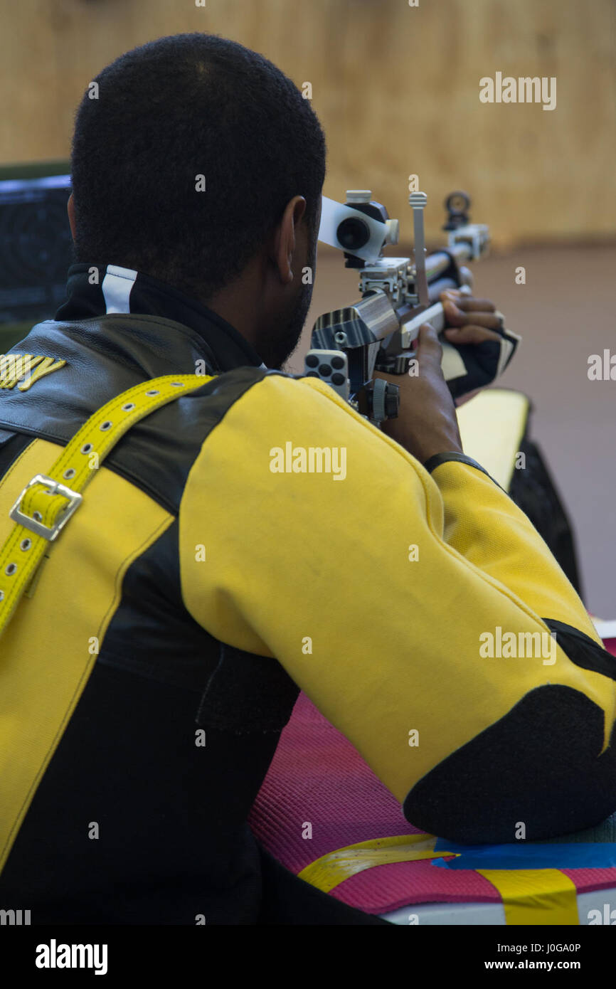 U.S. Army veteran, Charles Hightower, competes in the Air Rifle event ...