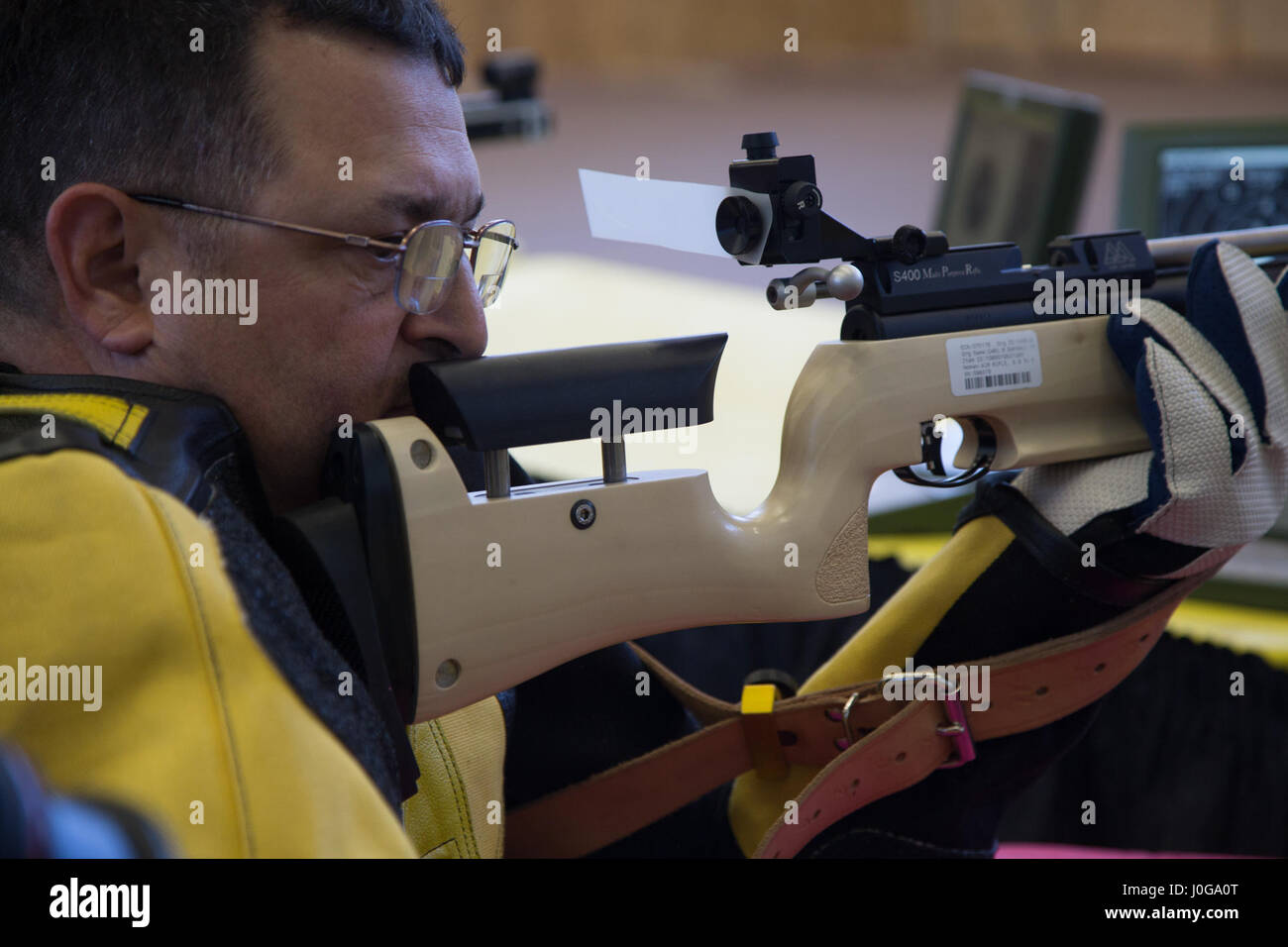 U.S. Army veteran, Angel Otero, competes in the Air Rifle event for the ...
