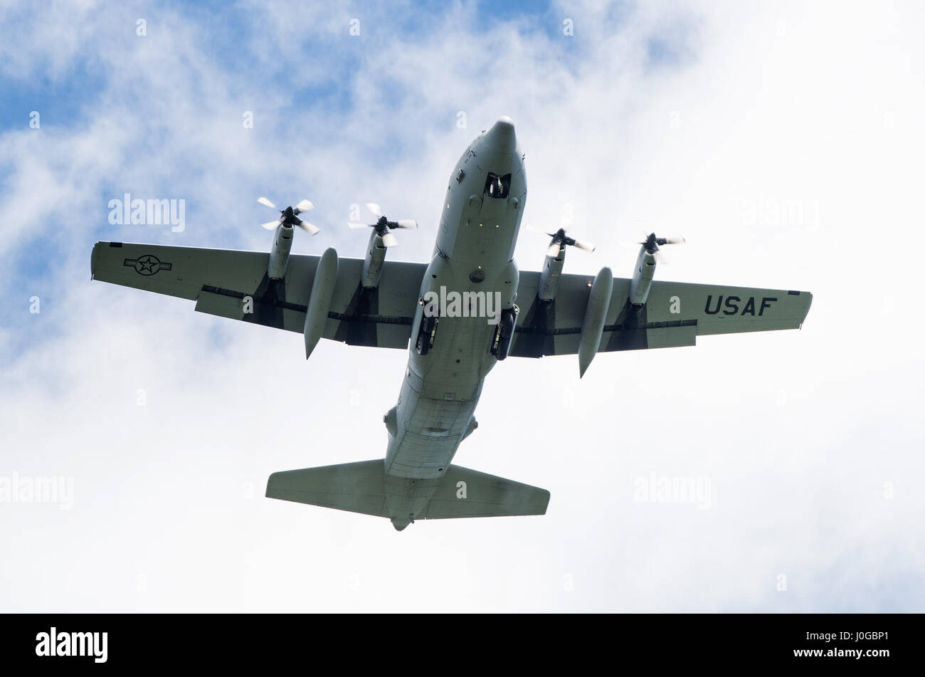 C-130 Hercules aircraft takes flight from Travis Air Force Base, Calif ...