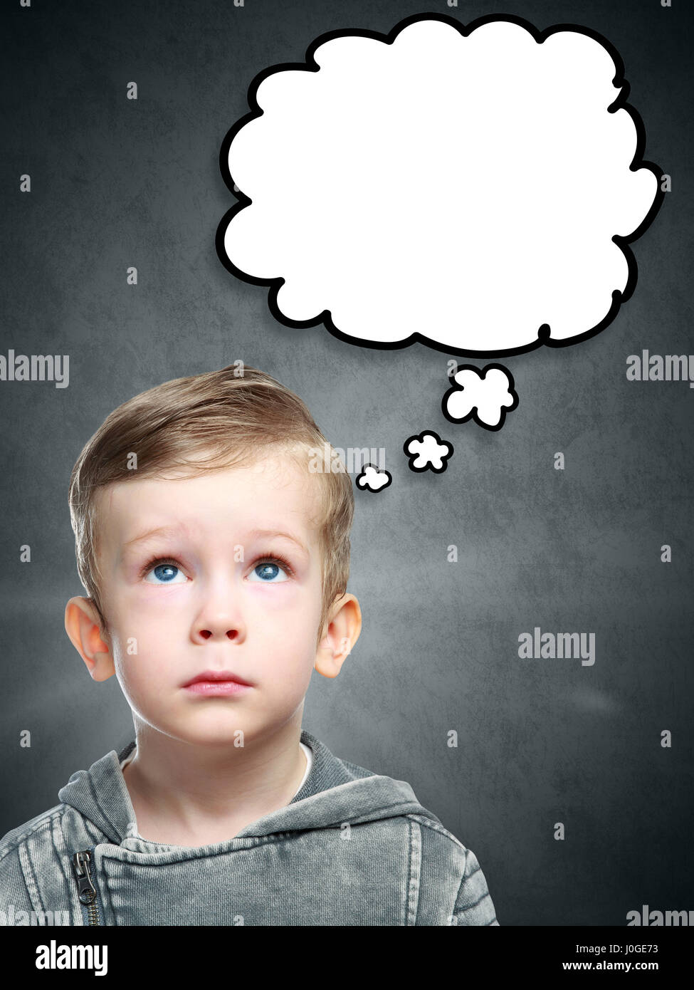 Smile smart boy with empty think bubble on grunge background Stock ...