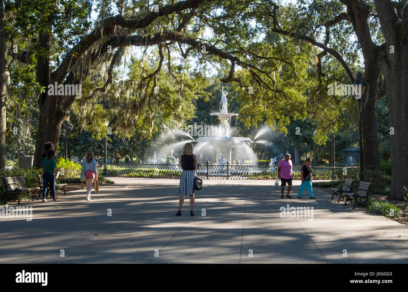 Savannah Georgia famous fountain in Forsyth Park in downtown historic district park Stock Photo ...