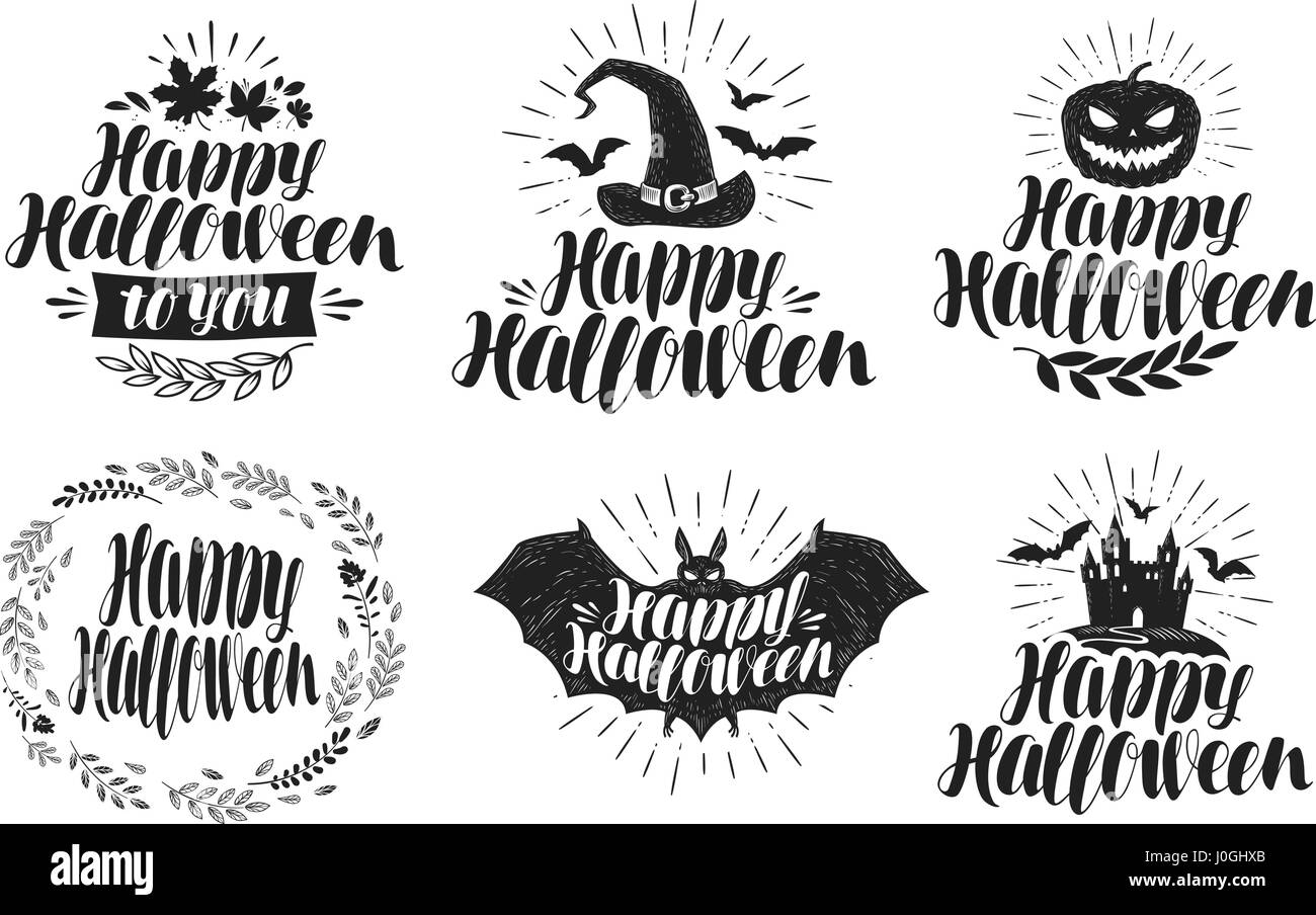Halloween, label set. Holiday symbol or logo. Handwritten lettering ...