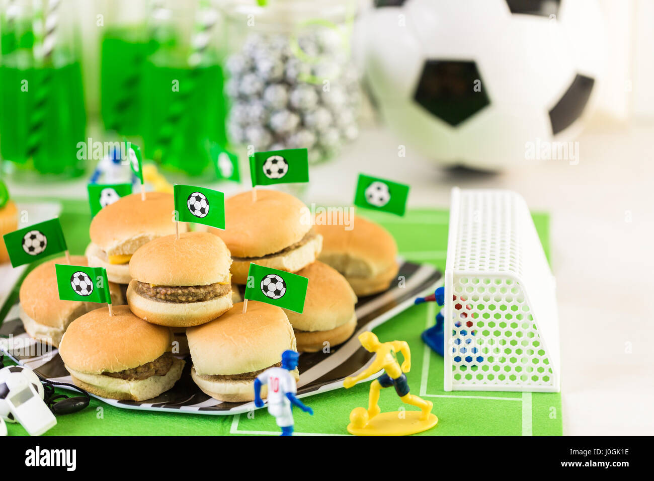 Kids football party set with snacks and drinks Stock Photo - Alamy