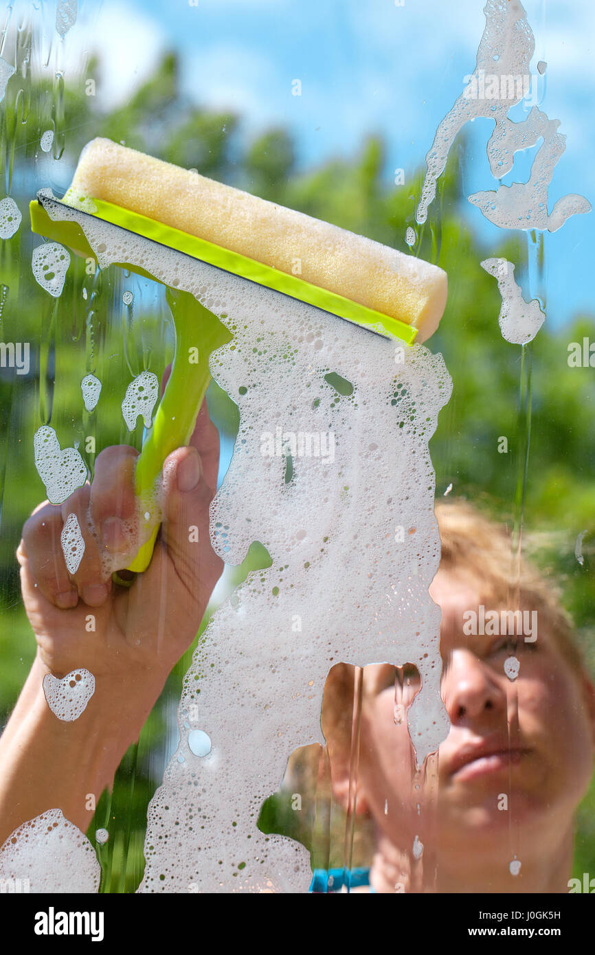 Human hand washing window in nice summer day Stock Photo - Alamy