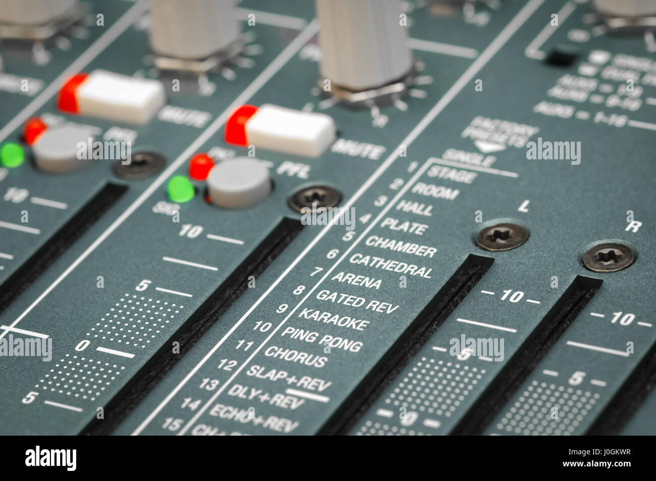mixing soundboard reverb settings close-up Stock Photo - Alamy