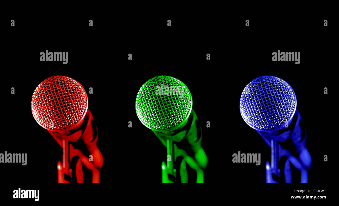 abstract of primary colored microphones on black Stock Photo - Alamy