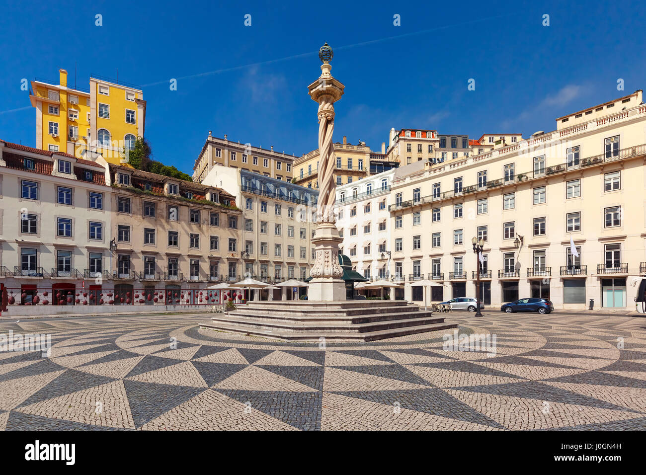 Town Hall Square with a beautiful geometric mosaic in Lisbon, Portugal ...