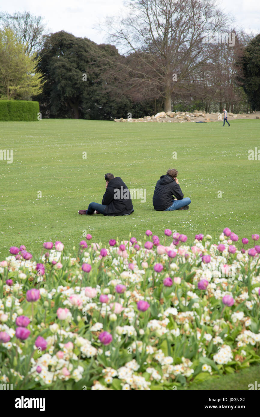 Two men with their backs to each other talking on mobile phones Stock ...