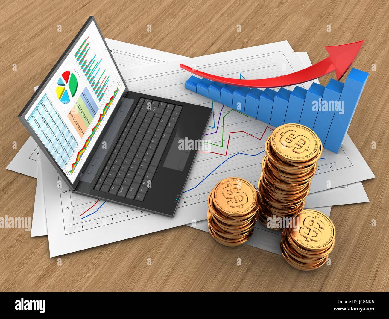 3d illustration of diagram papers and personal computer over wood ...