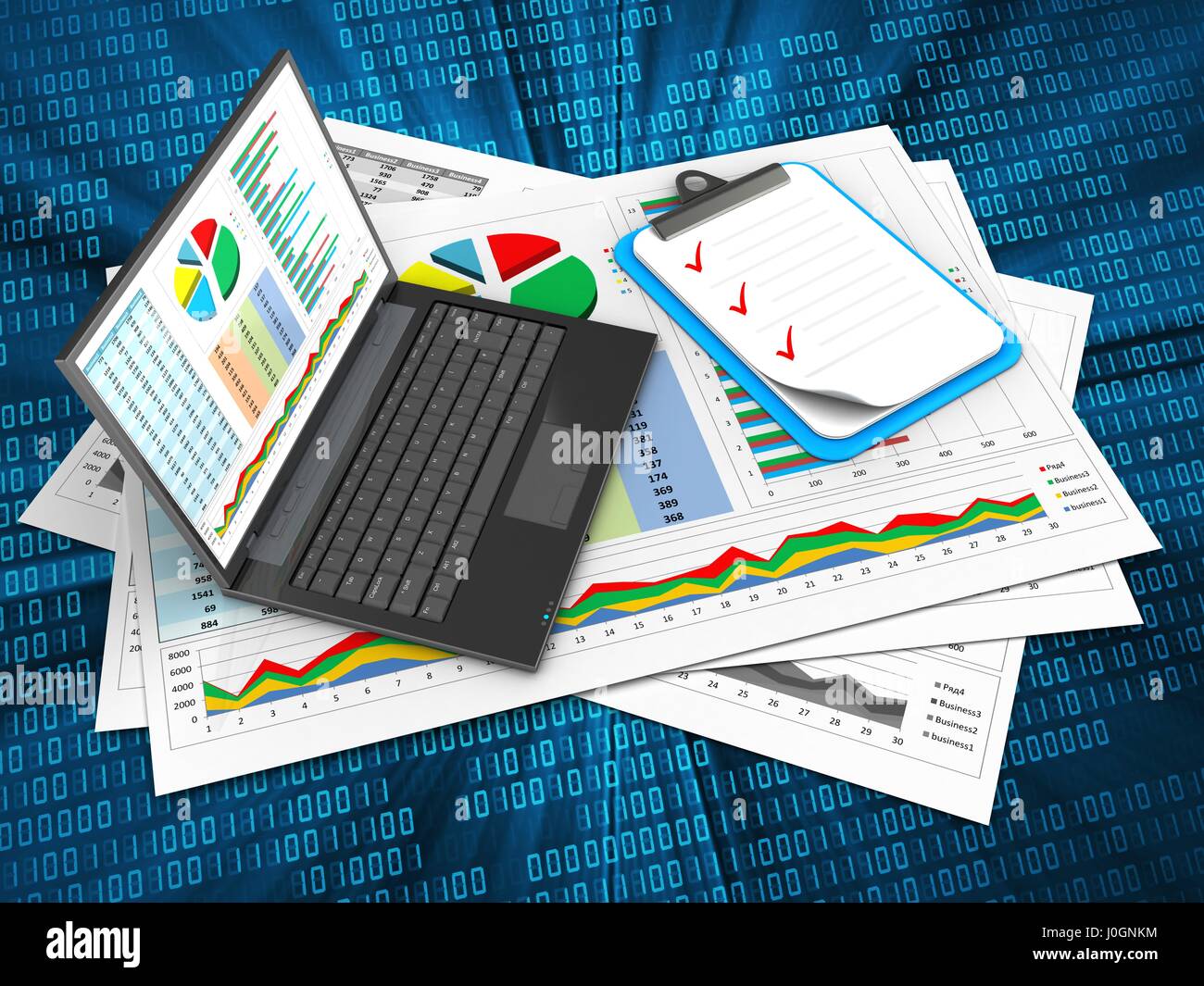 3d illustration of business documents and personal computer over ...