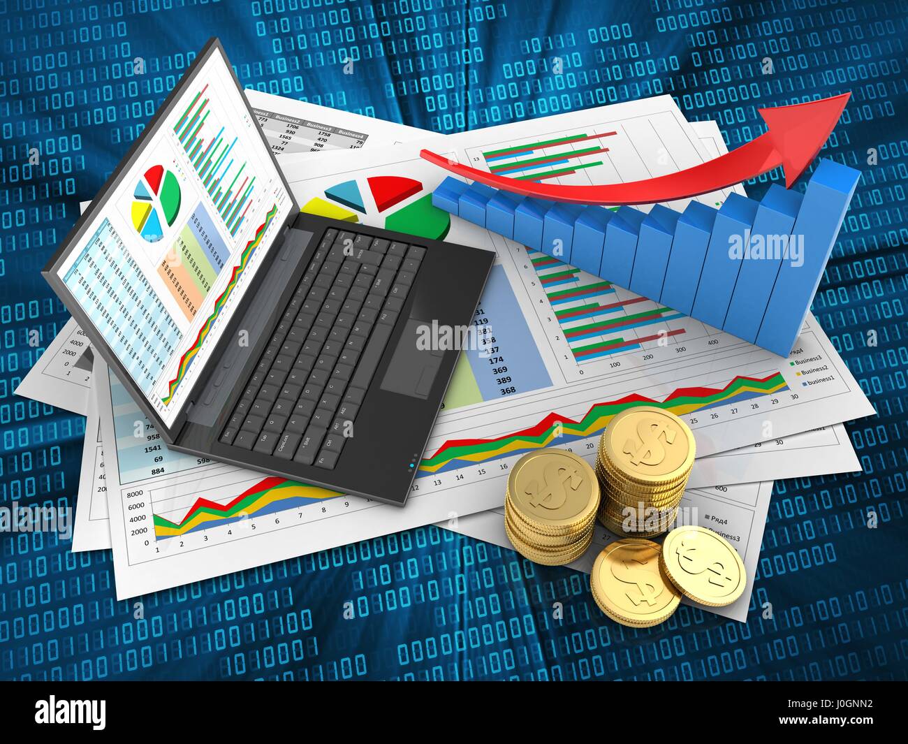 3d illustration of business documents and personal computer over ...