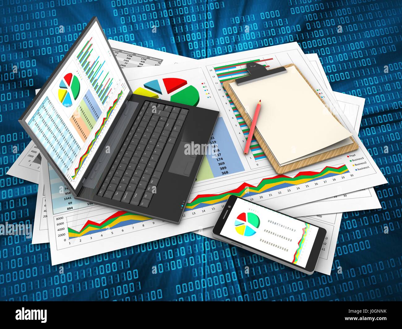 3d illustration of business documents and personal computer over ...