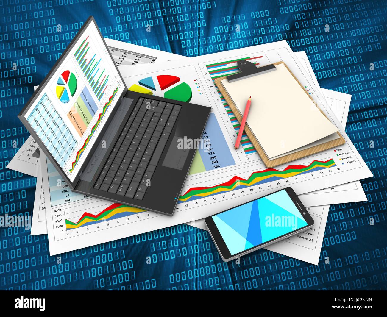 3d illustration of business documents and personal computer over ...