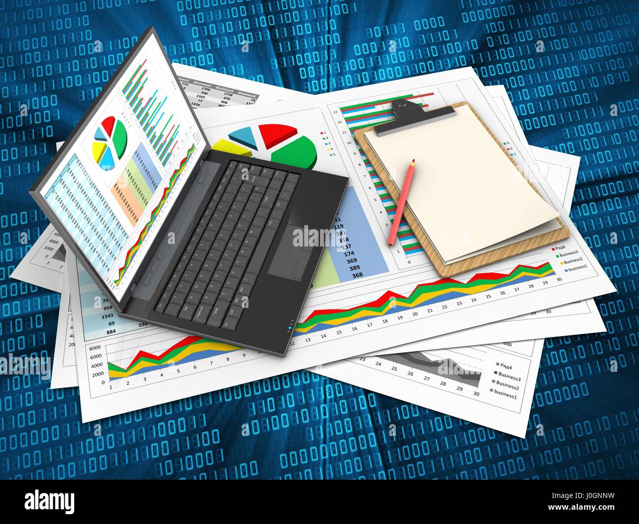 3d illustration of business documents and personal computer over ...