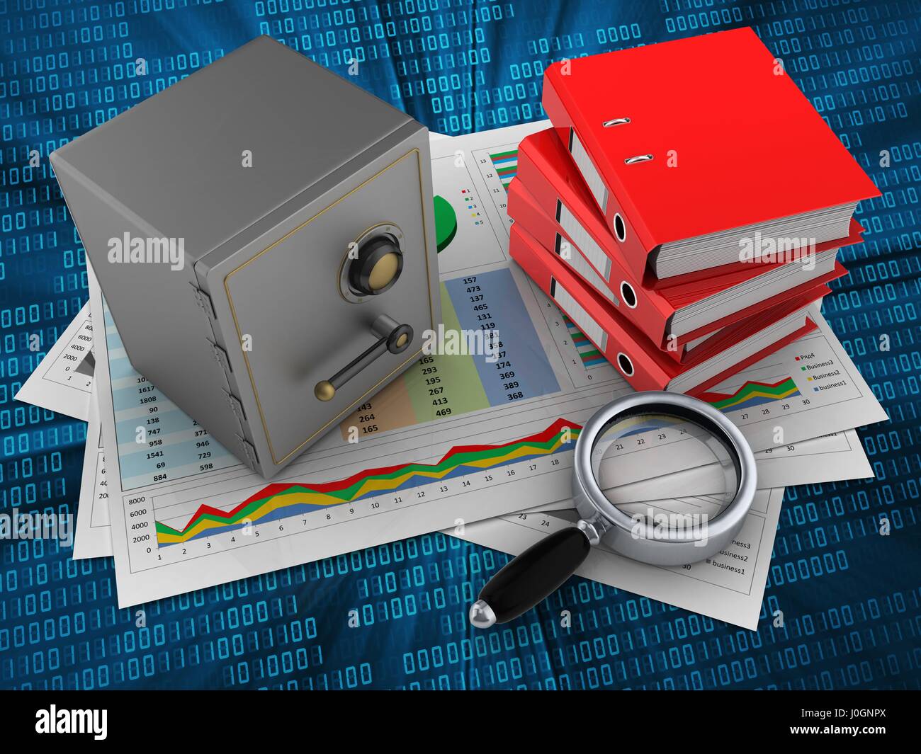3d illustration of business documents and safe over digital background ...