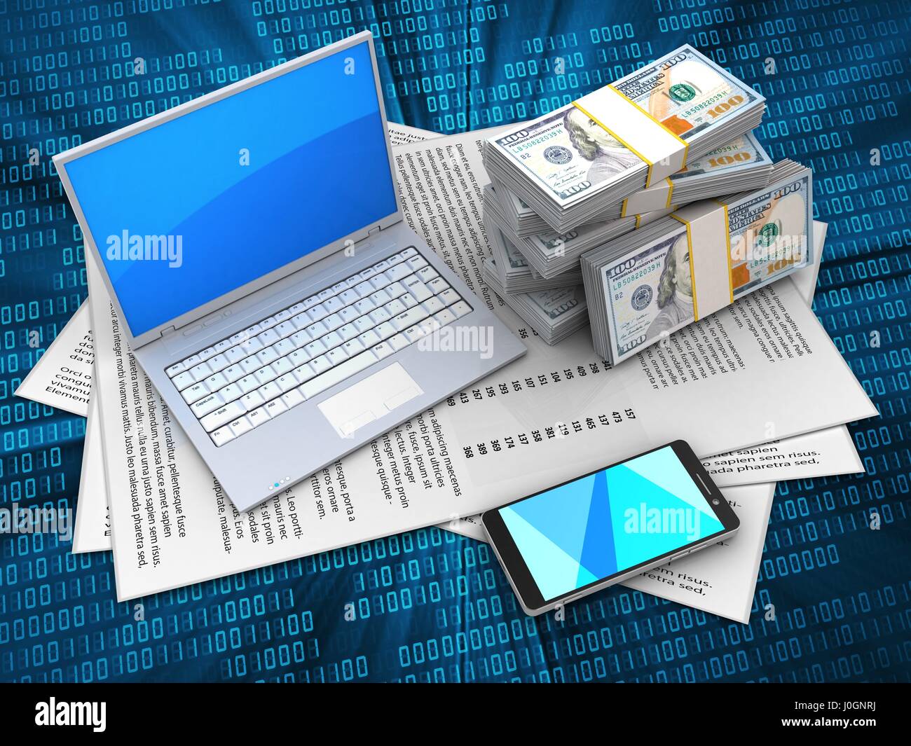 3d illustration of papers and computer over digital background with ...