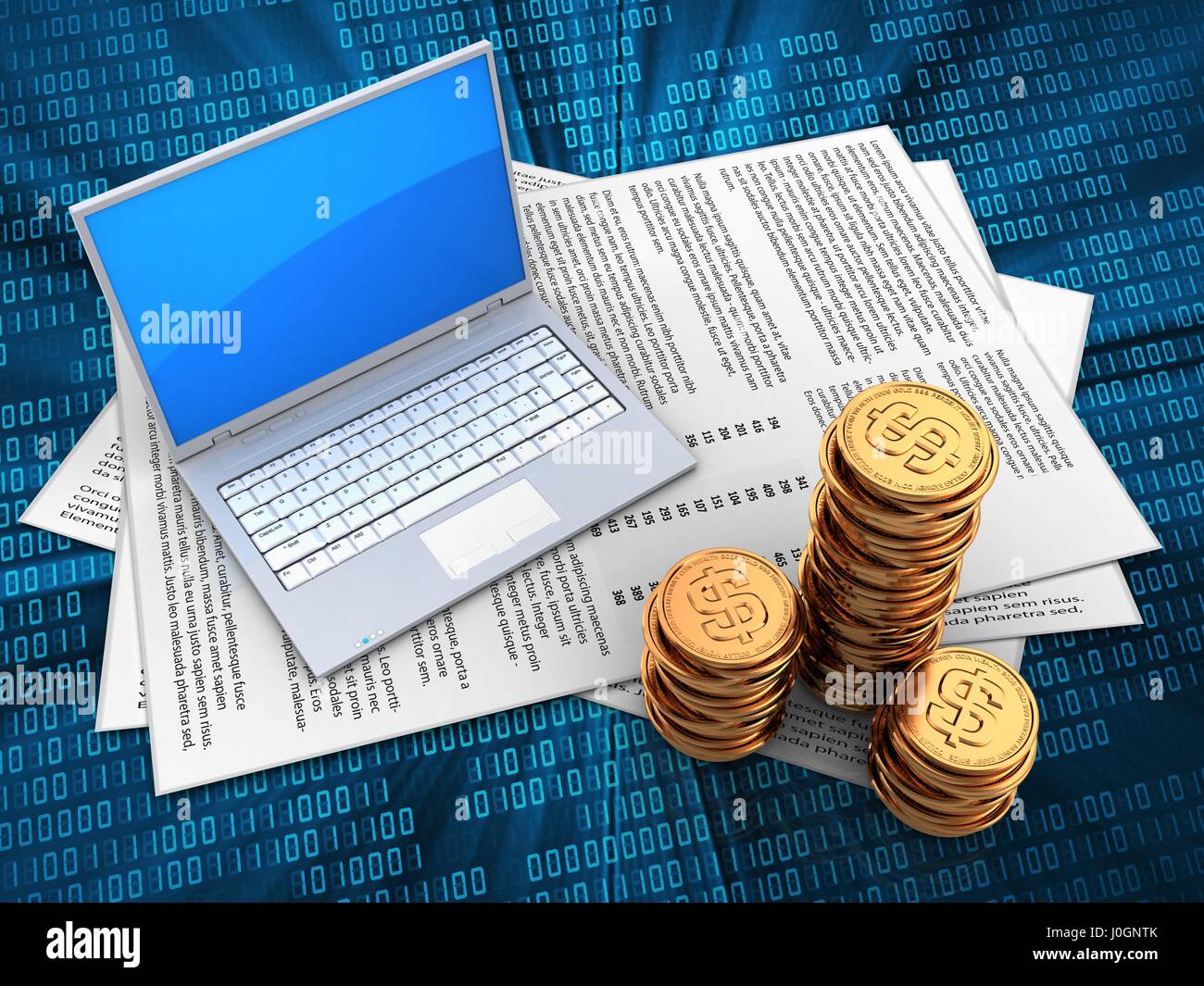 3d illustration of papers and computer over digital background Stock ...