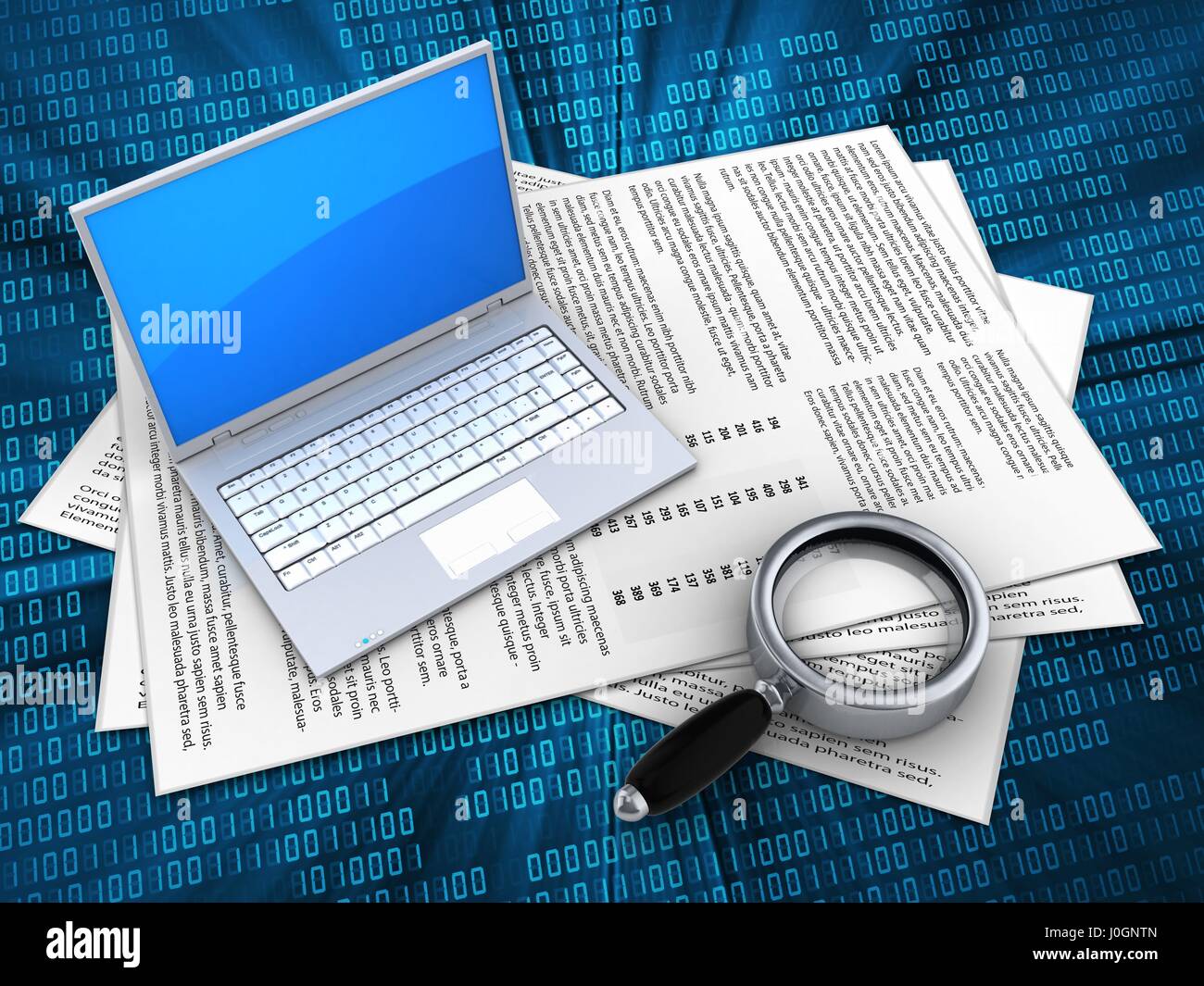 3d illustration of papers and computer over digital background Stock ...