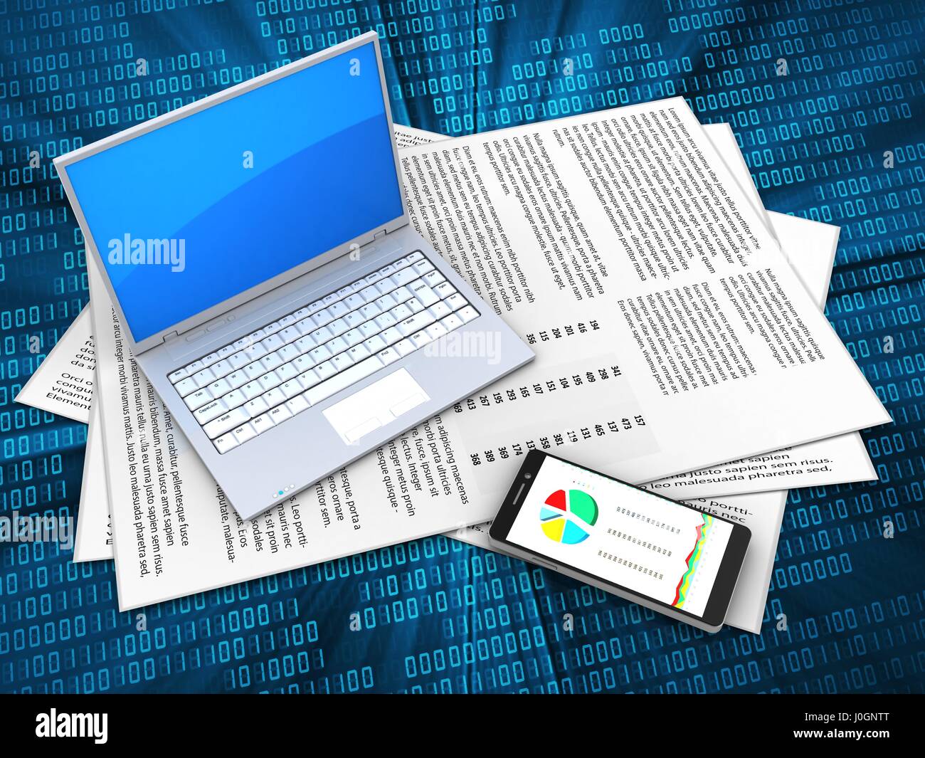 3d illustration of papers and computer over digital background Stock ...