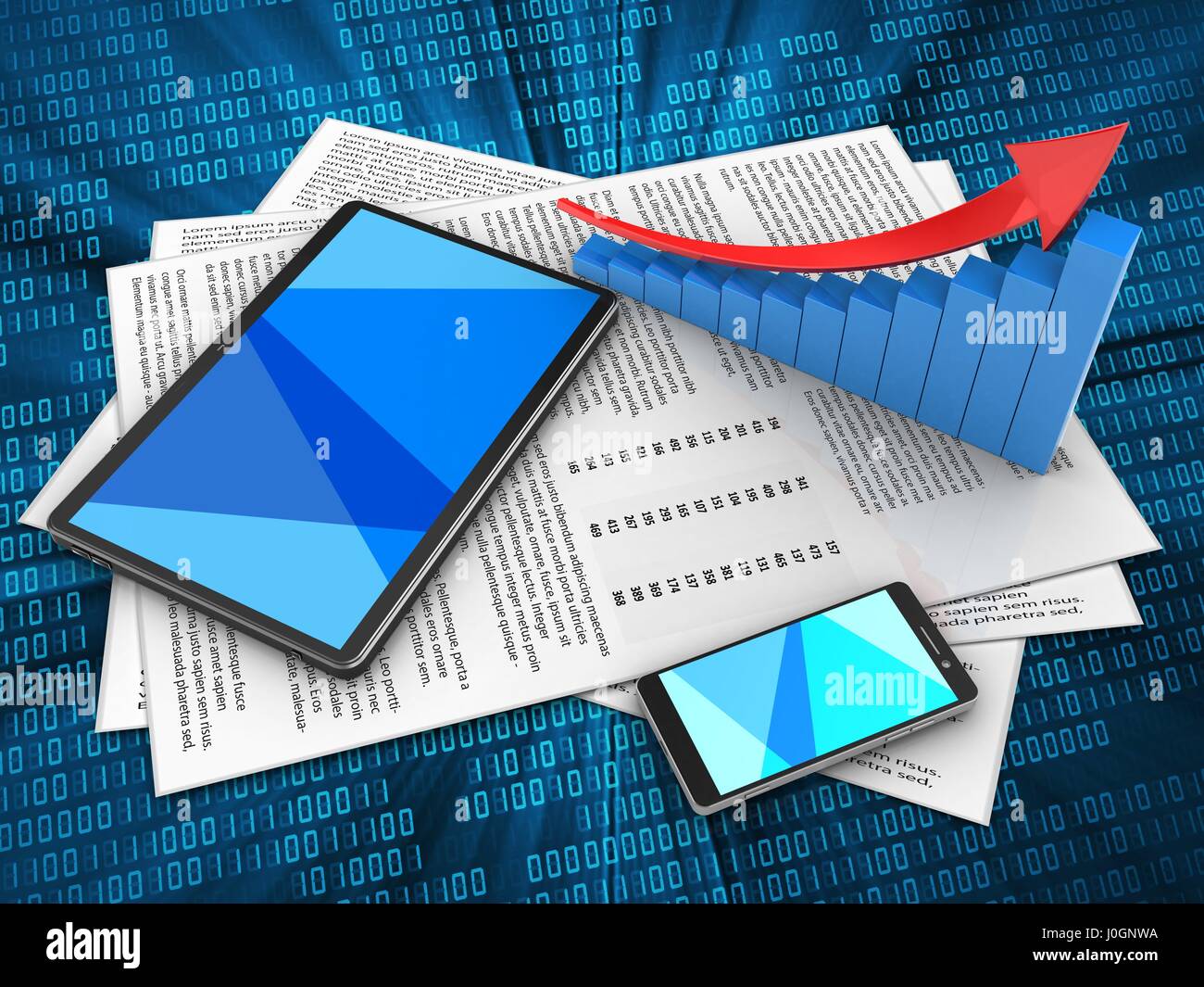 3d illustration of papers and tablet computer over digital background ...