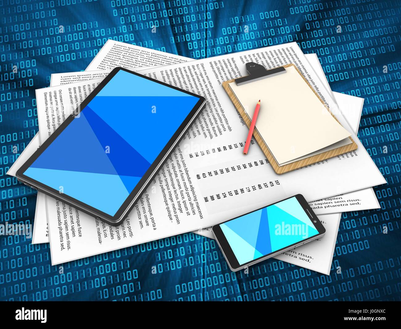 3d illustration of papers and tablet computer over digital background ...